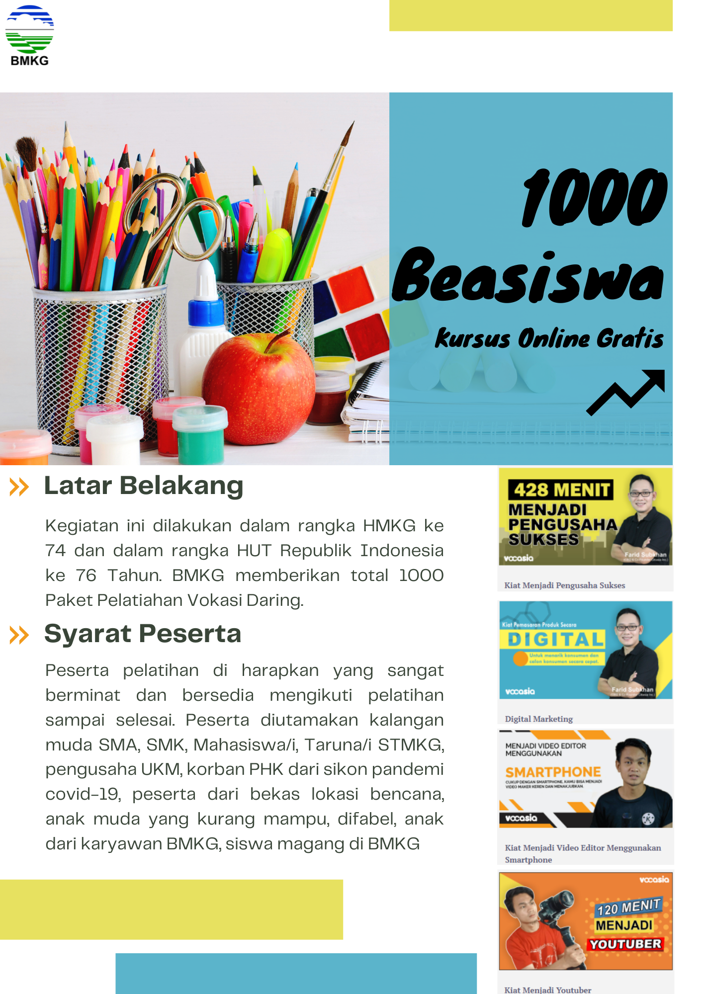 BMKG Bagikan 1000 Paket Beasiswa Vokasi Gratis – Stasiun Klimatologi Sumatera Selatan