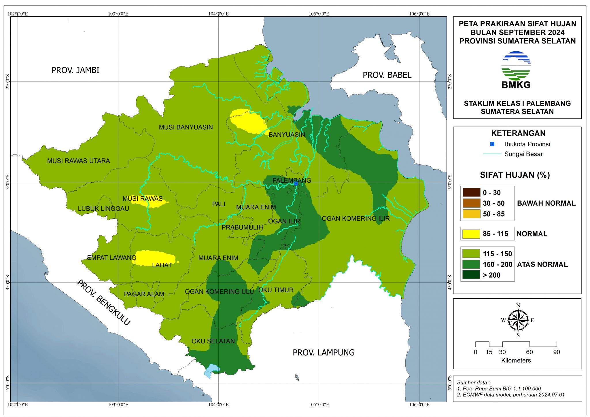 Prakiraan Hujan Bulan September 2024 (Update Juli 2024) – Stasiun Klimatologi Sumatera Selatan
